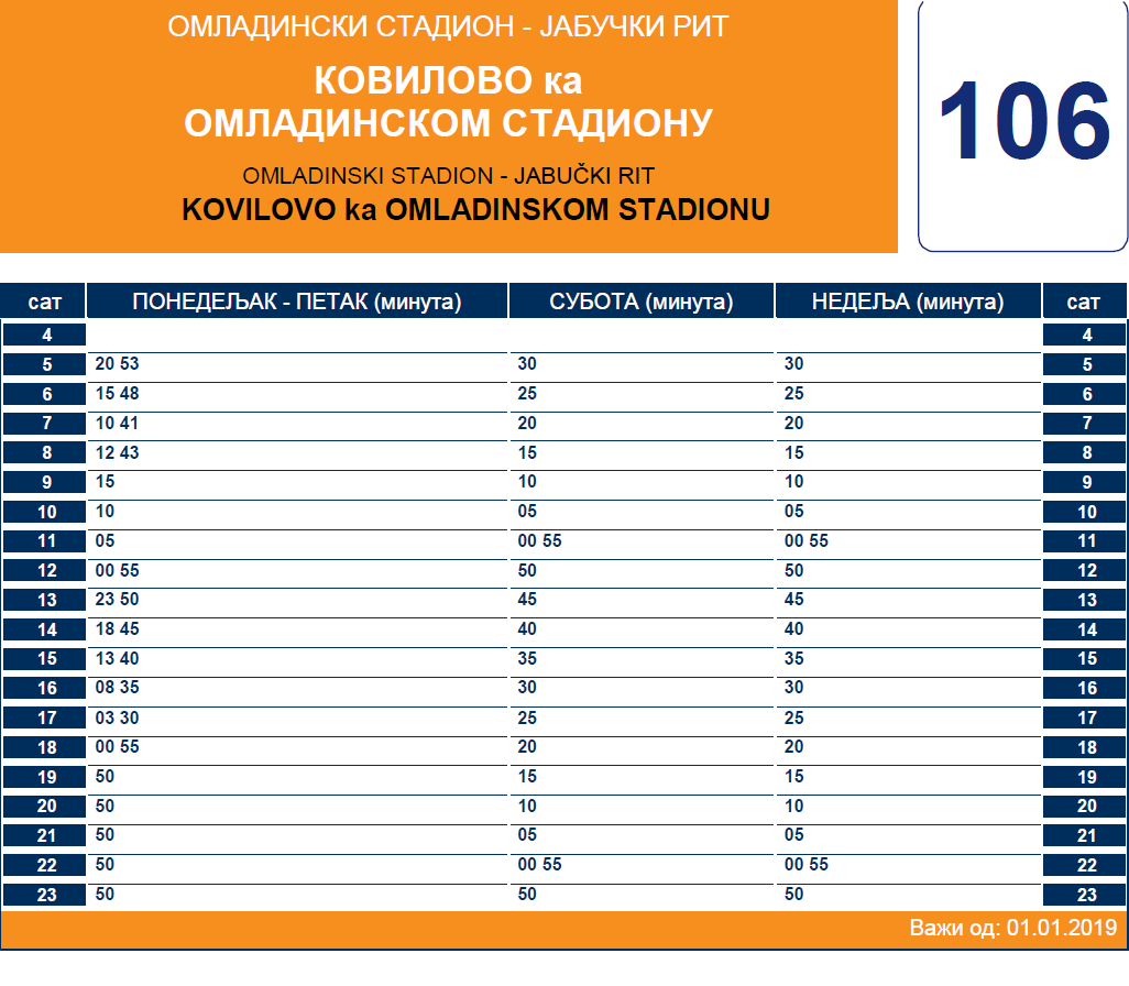 Zimski red vožnje linije 106 Jabučki rit – Omladinski stadion - www ...