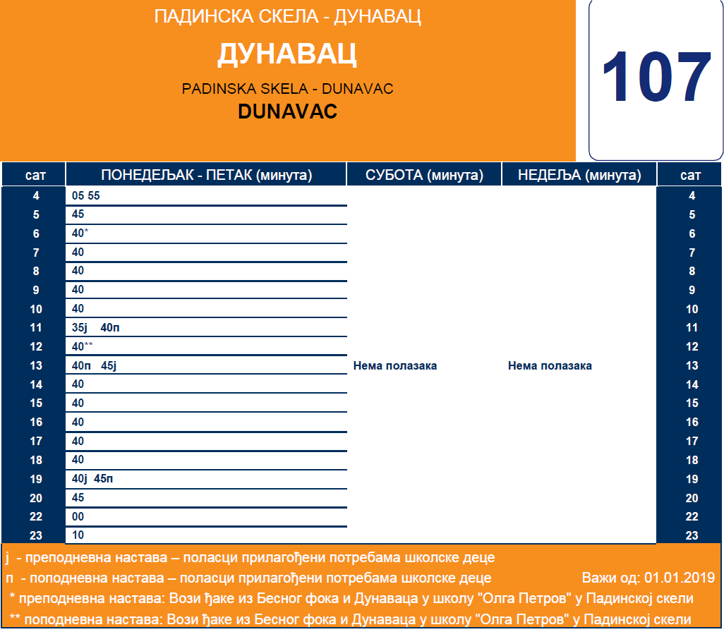 Zimski red vožnje linije 107 Dunavac – Padinska Skela - www.lobi-info.rs